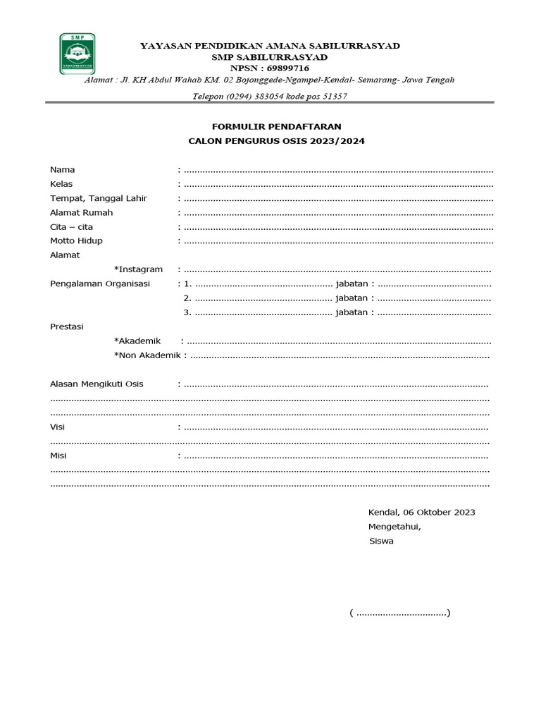 Formulir Pendaftaran Pengurus OSIS 2023 | PDF