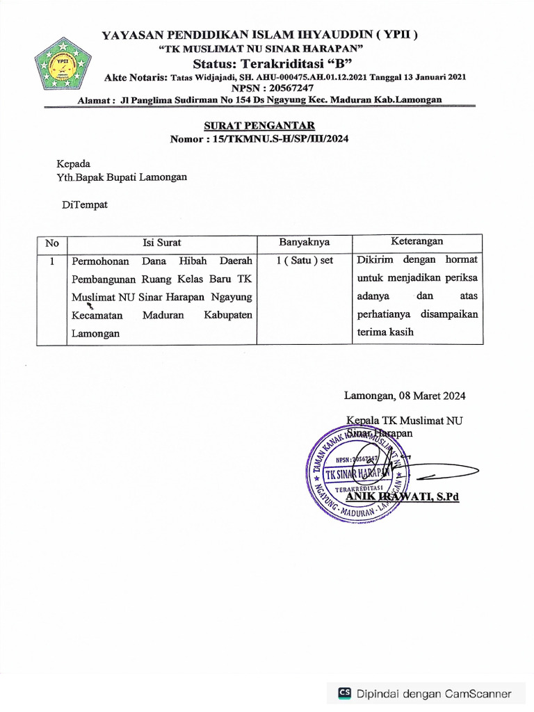 Surat Pengantar Pengajuan Ruang Kelas TK | PDF