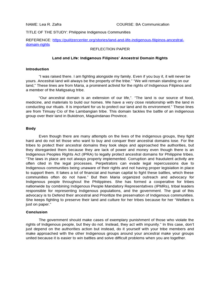 Philippine Indigenous Communities Reflection Paper | PDF | Indigenous ...