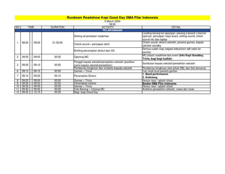 Rundown Roadshow Kopi Goodday 2024 - SMA Pilar Indonesia | PDF