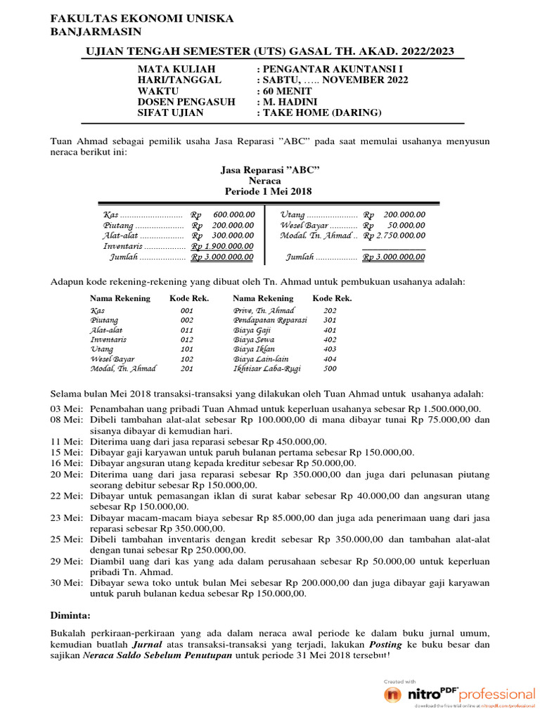 Peng. Akt. I (UTS 2022-2023) Mhs Non Reg | PDF