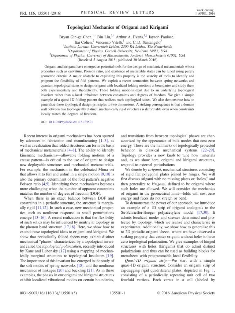Topological Mechanics of Origami and Kirigami | Download Free PDF ...