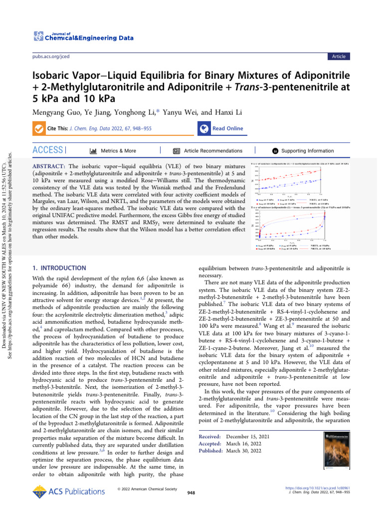 Isobaric Vapor Liquid Equilibria For Binary Mixtures of Adiponitrile ...