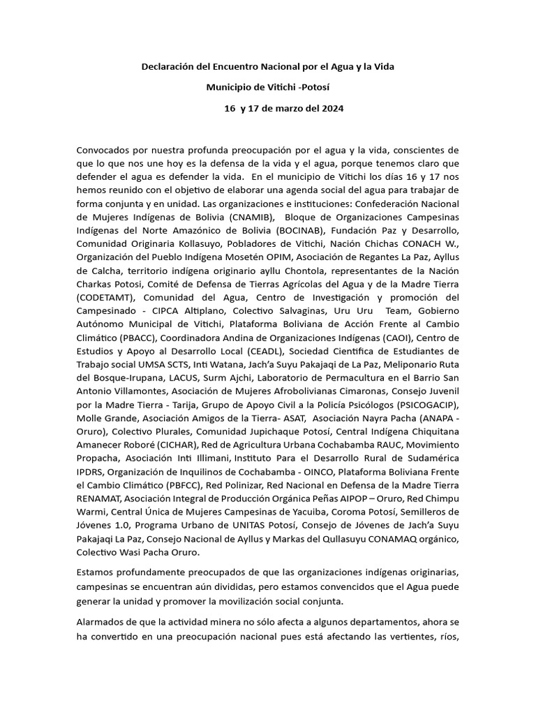 Declaración Encuentro Nacional Agua Vitichi | PDF | Agua | Sequía