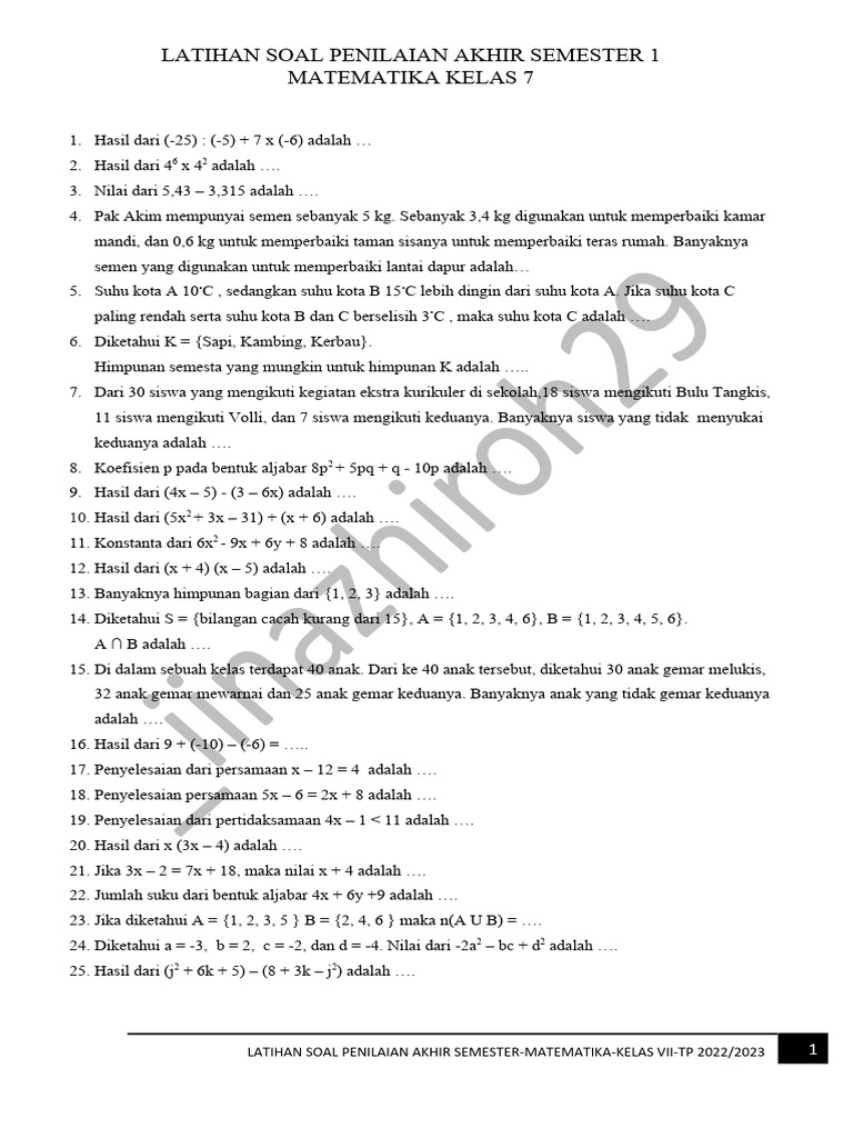 Latihan Pas 1 Soal MTK KLS 7-2022-2023 | PDF