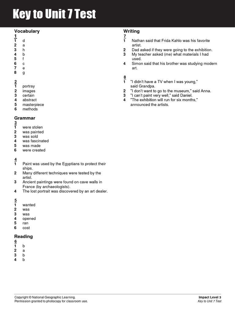 Impact Level 3 Unit 7 Test Answerkey 0 0 | PDF