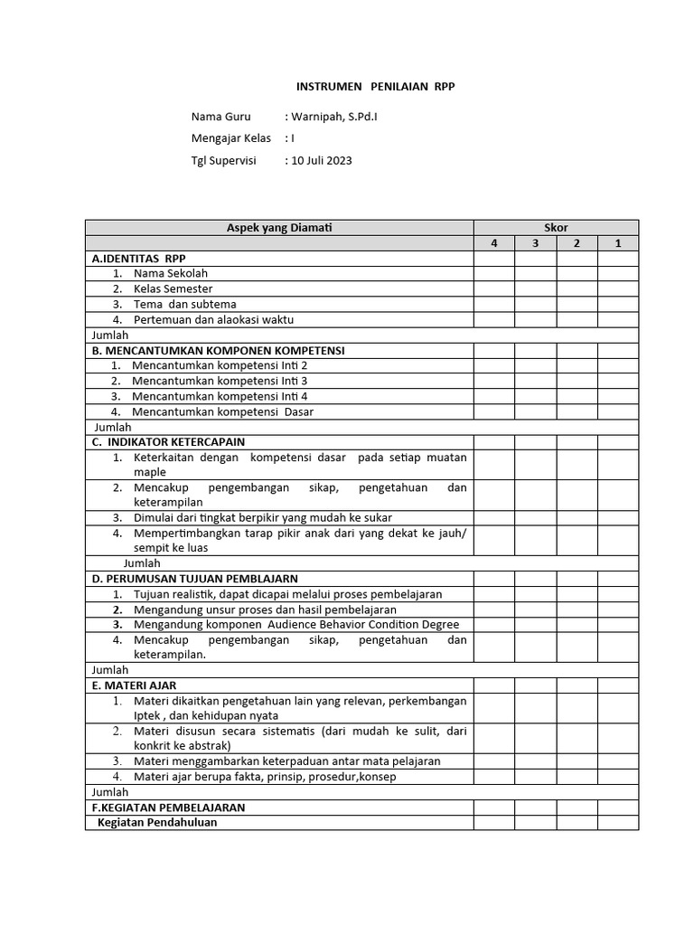 Instrumen Penilaian RPP | PDF
