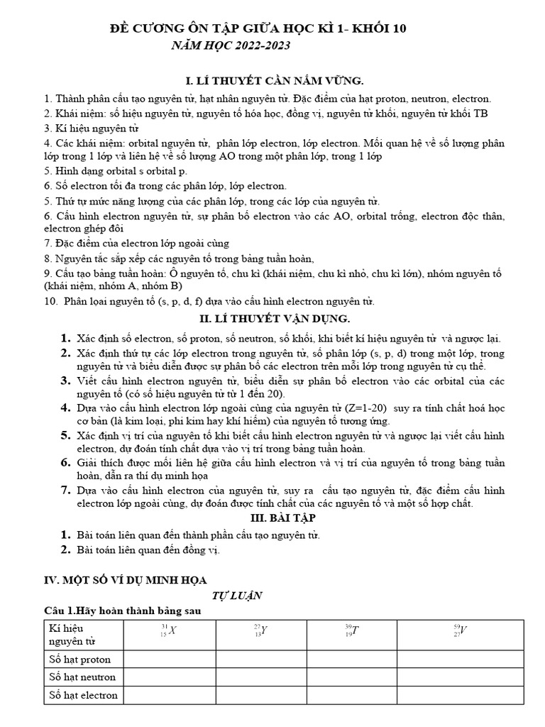 KHỐI 10 - ĐỀ CƯƠNG GK1 | PDF