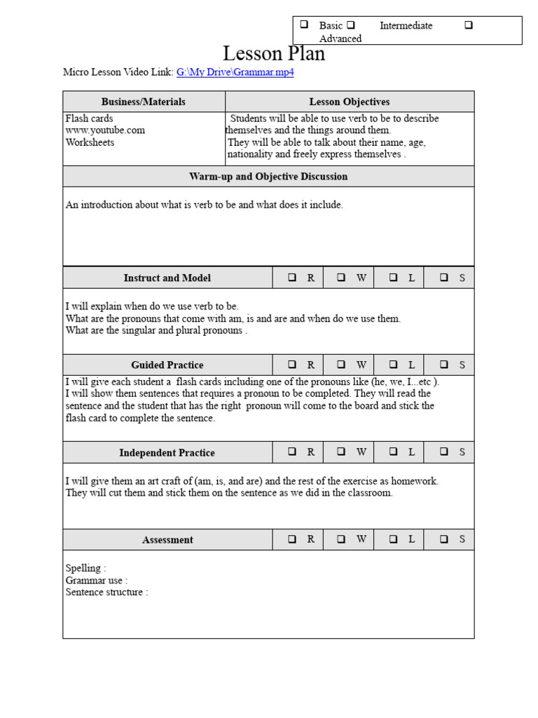 Teaching Verb "To Be" Lesson Plan | PDF