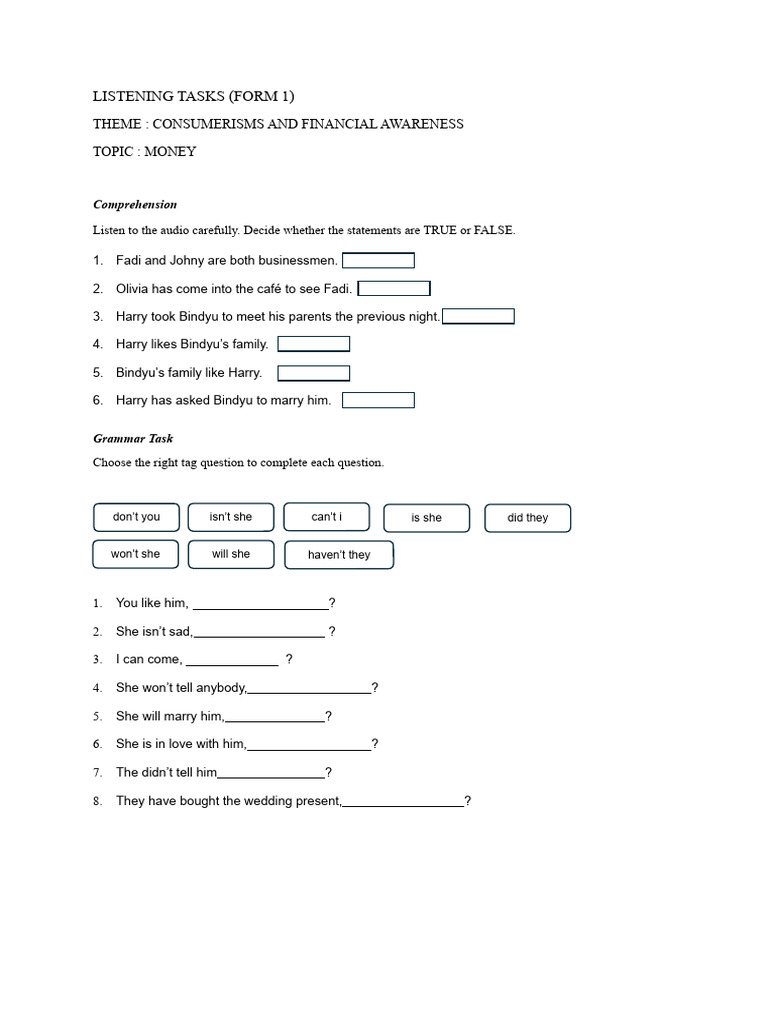 Money Listening Tasks for Beginners | PDF | Language Arts & Discipline