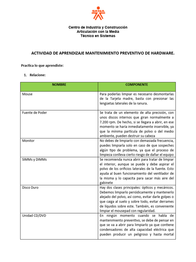 Actividad Mantenimiento Preventivo en Hardware | Descargar gratis PDF ...