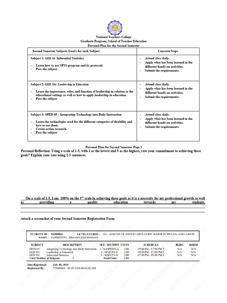 Personal Plan For The Second Semester | PDF