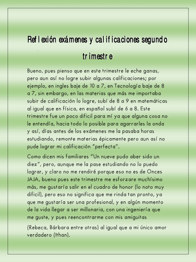 Reflexión Exámenes y Calificaciones Segundo Trimestre | PDF