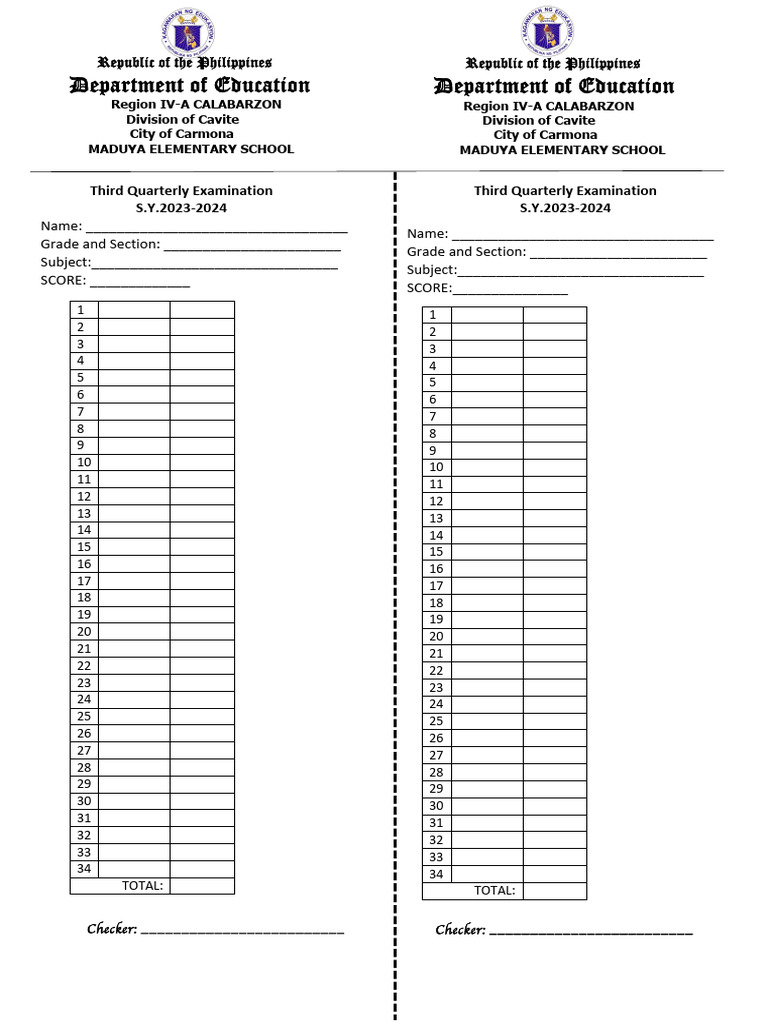 Maduya Elem School Exam Sheet | PDF