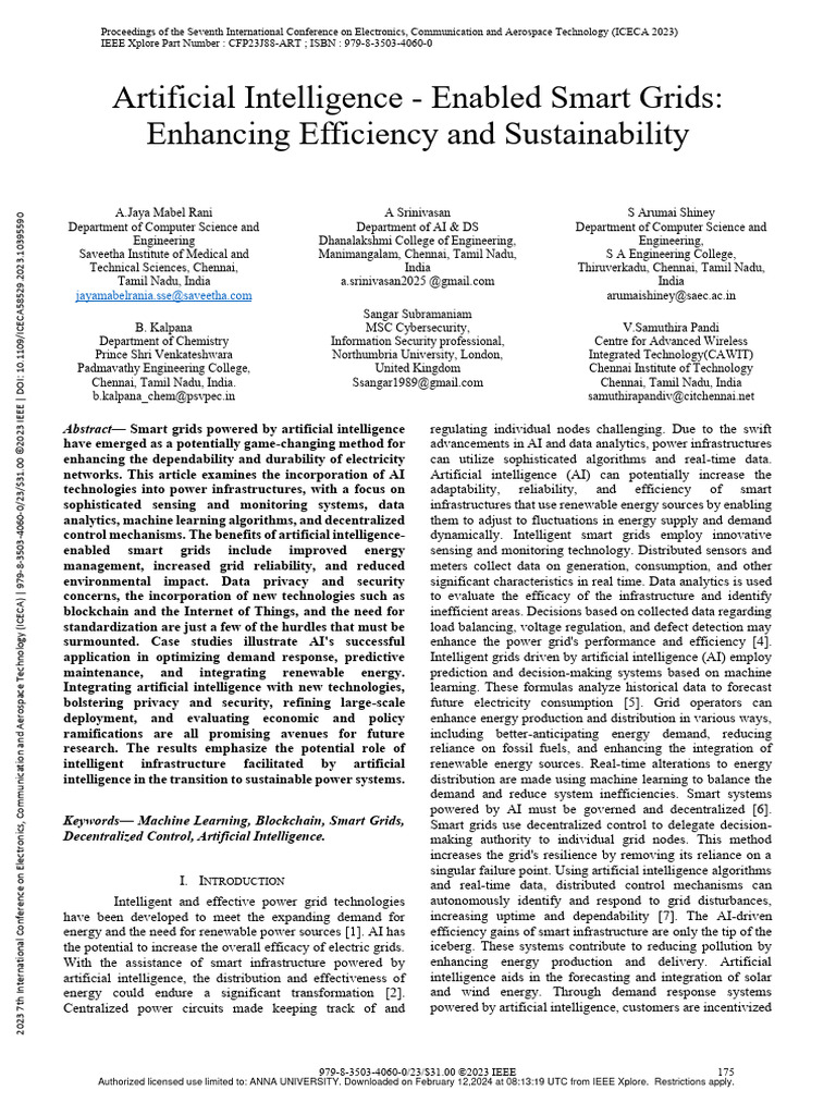 Artificial Intelligence - Enabled Smart Grids Enhancing Efficiency and Sustainability | PDF ...