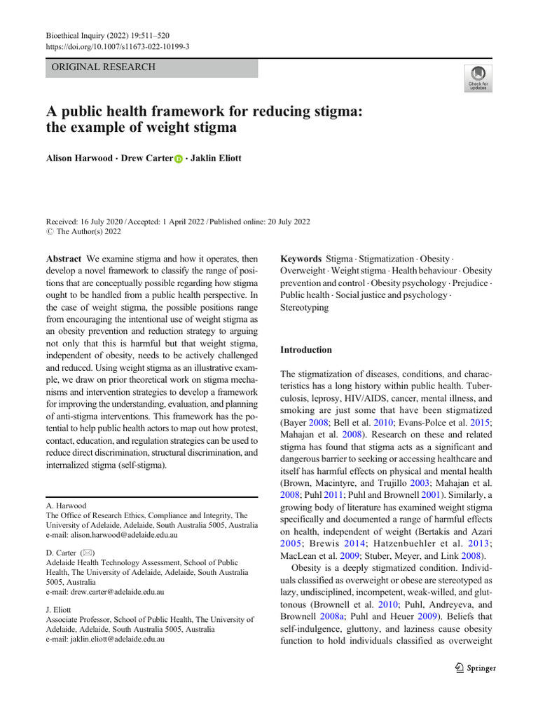A Public Health Framework For Reducing Stigma - The Example of Weight ...