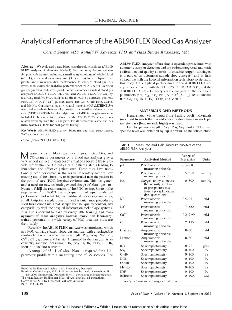 Analytical Performance of the ABL90 FLEX Blood Gas Analyzer | PDF