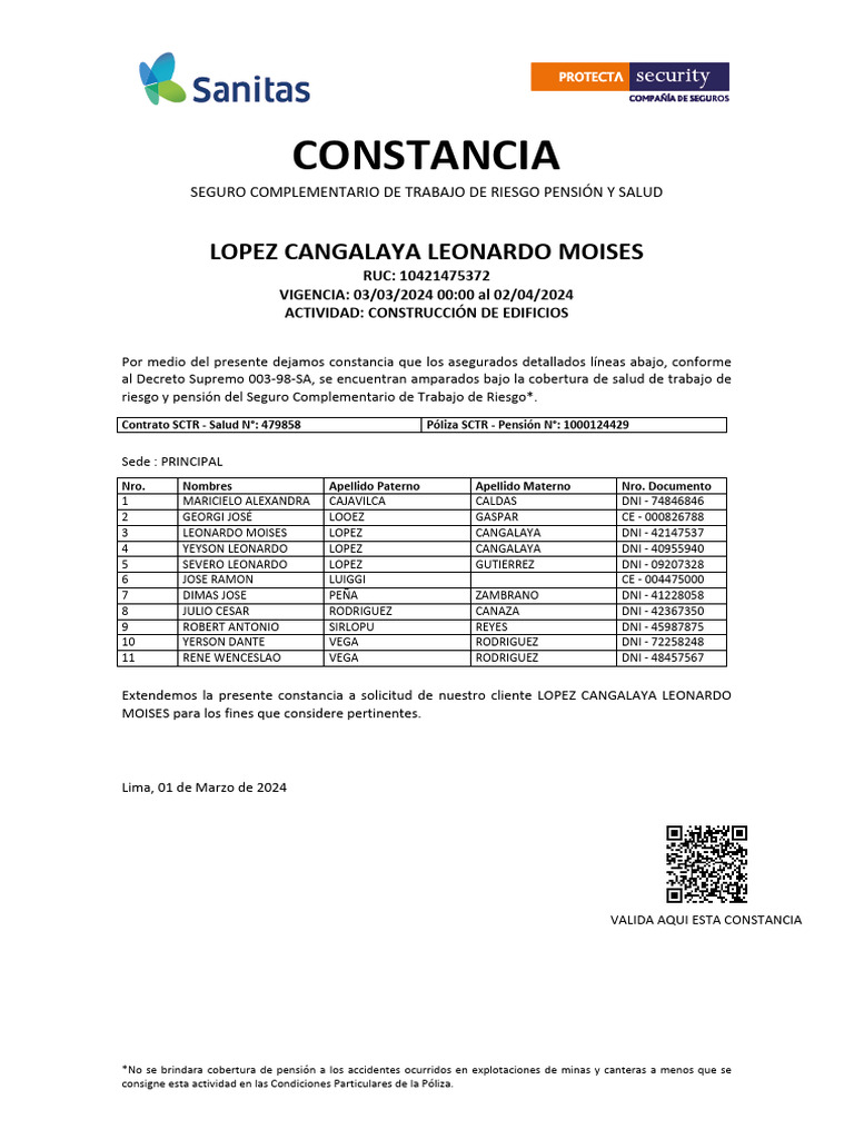 Cobertura SCTR para Construcción 2024 | PDF | Póliza de seguros | Seguro
