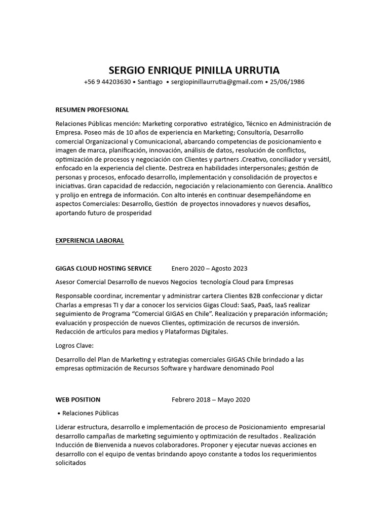 Currículum Sergio Pinilla 2024 | PDF | Marketing | Business
