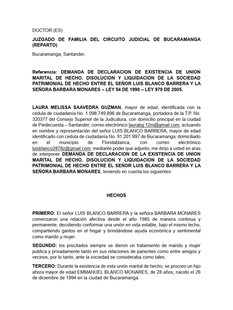 Demanda de Unión Marital y Liquidación | PDF | Documento de identidad ...