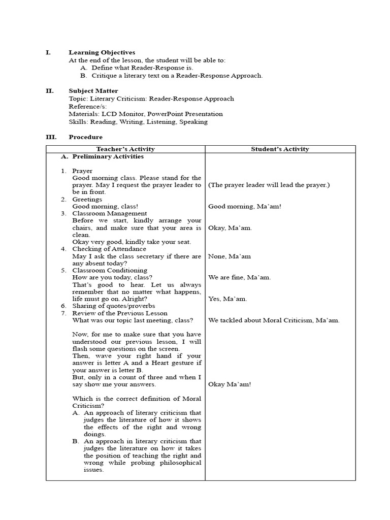 Reader-Response DLP | PDF | Liberal Arts Education | Cognition
