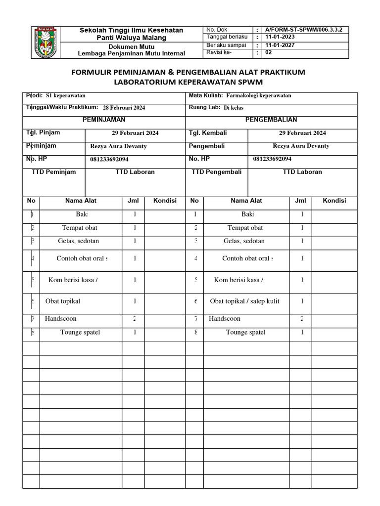 3.2 Formulir Peminjaman & Pengembalian Alat Lab - Keperawatan | PDF