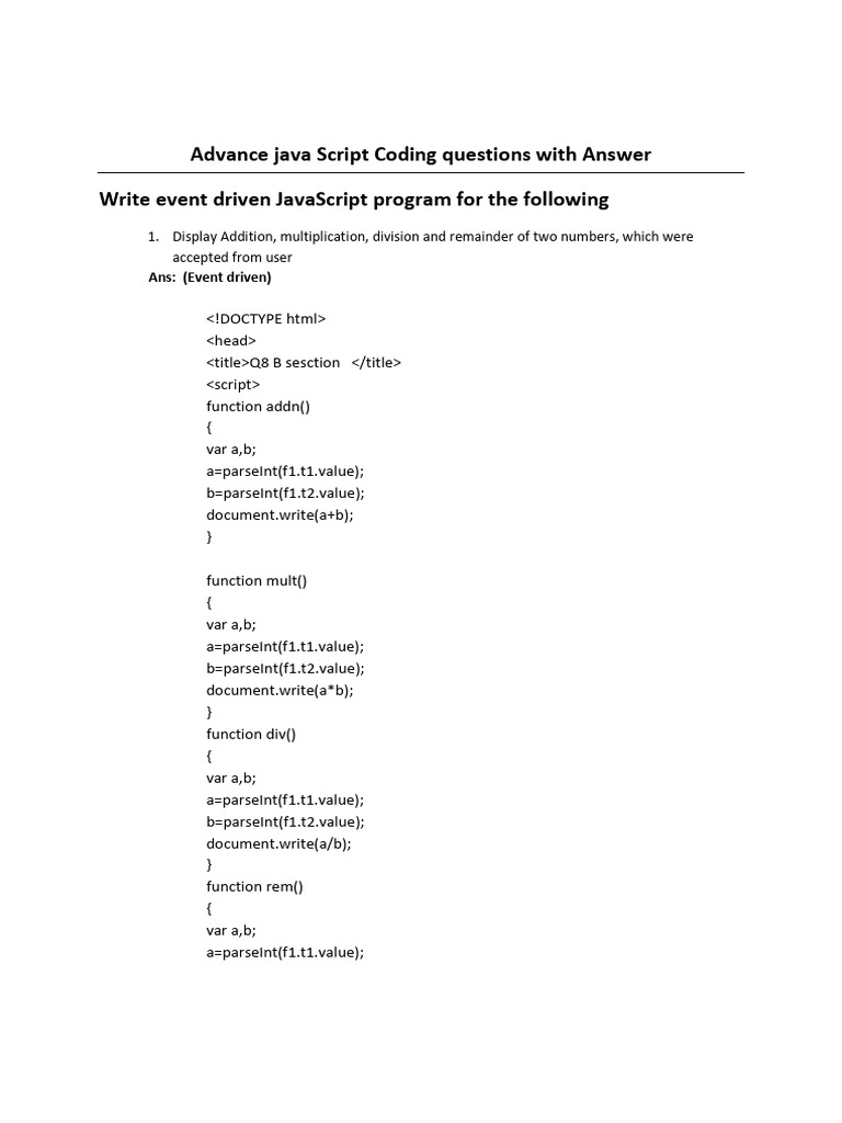 Advance Java Script Coding Questions With Answer Pdf Computer Programming Software Engineering 6543