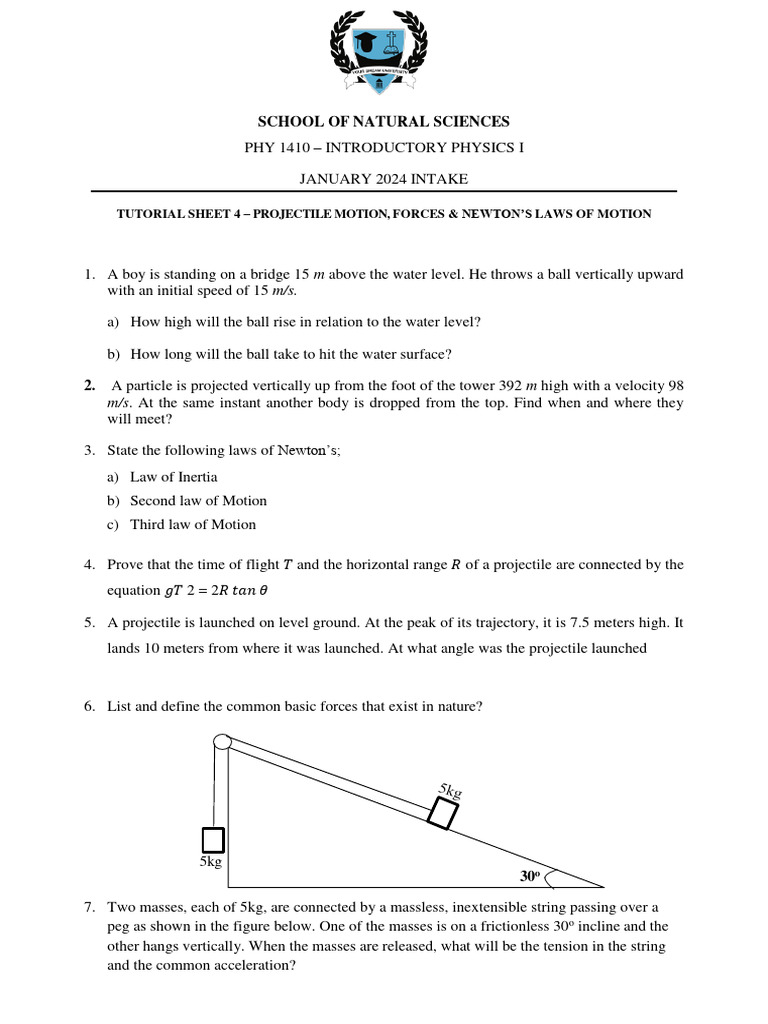 Tutorial Sheet 4 - Projectile Motion, Forces Newtons Laws of Motion | PDF