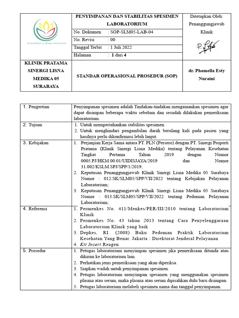 Sop-slm05-Lab-04 Penyimpanan Dan Stabilitas Spesimen Laboratorium | PDF