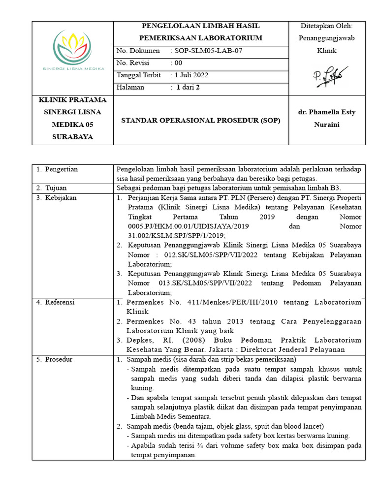 Sop-slm05-Lab-07 Pengelolaan Limbah Hasil Pemeriksaan Laboratorium | PDF