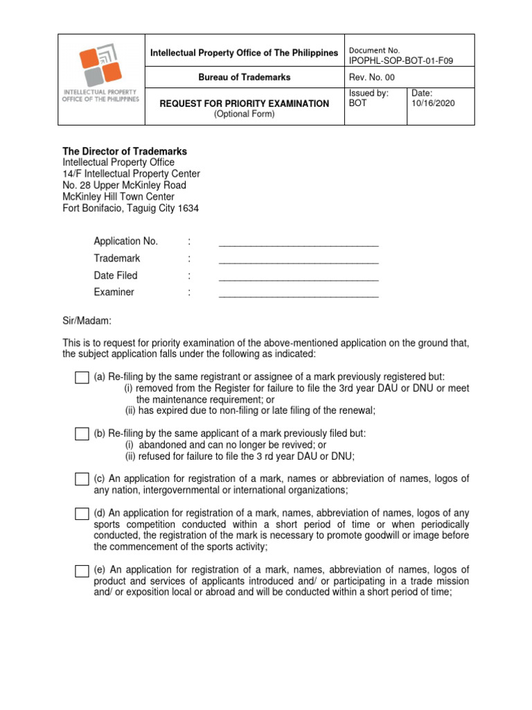 Request for Trademark Priority Examination | PDF | Trademark | Civil ...