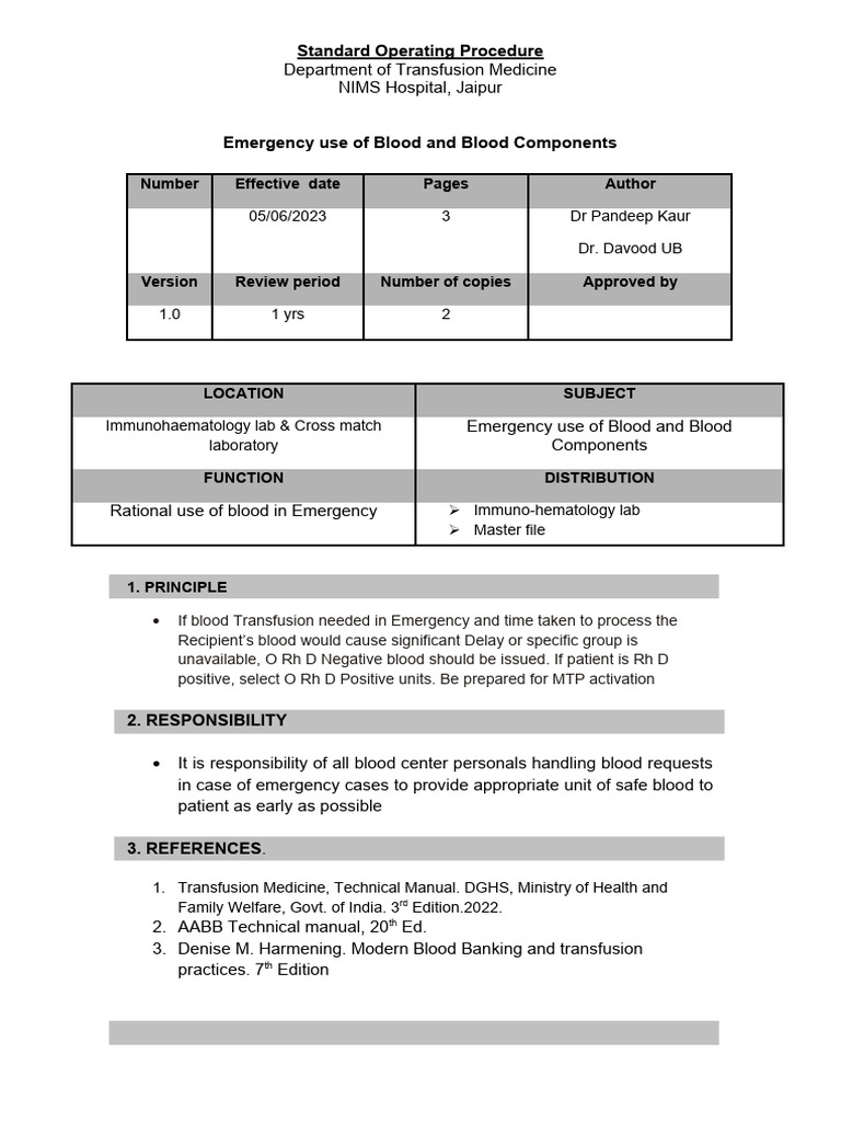 Emergency Use of Blood Sop1 | PDF | Blood Transfusion | Blood Plasma