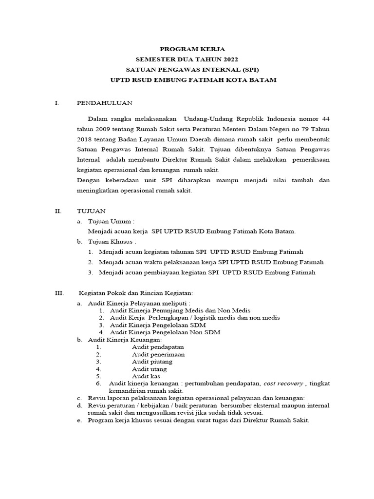 Program Kerja SPI RSUD Batam 2022 | PDF