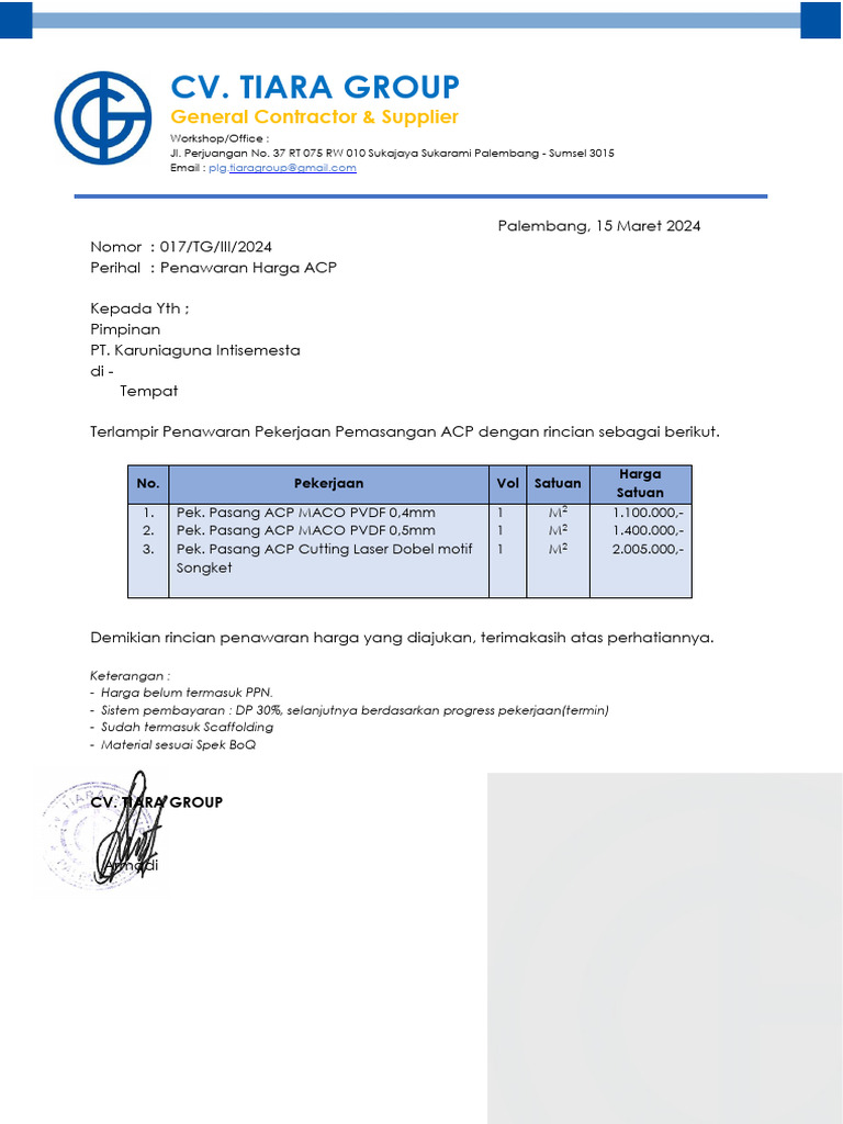 surat penawaran harga ACP | PDF