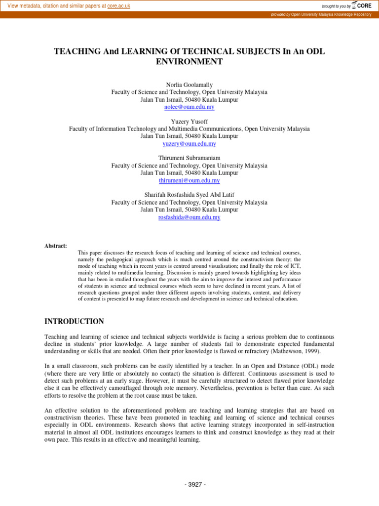 Teaching and Learning of Technical Subjects in An Odl Environment ...