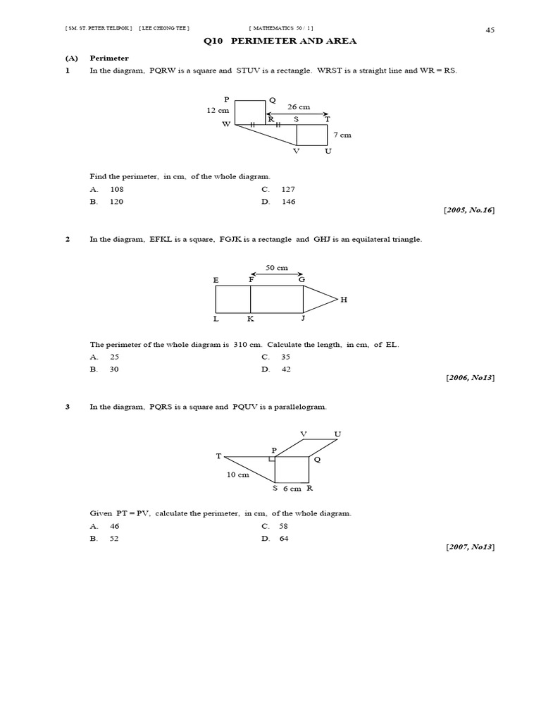 Grade 10 Perimeter and Area Problems | PDF | Area | Euclidean Plane ...