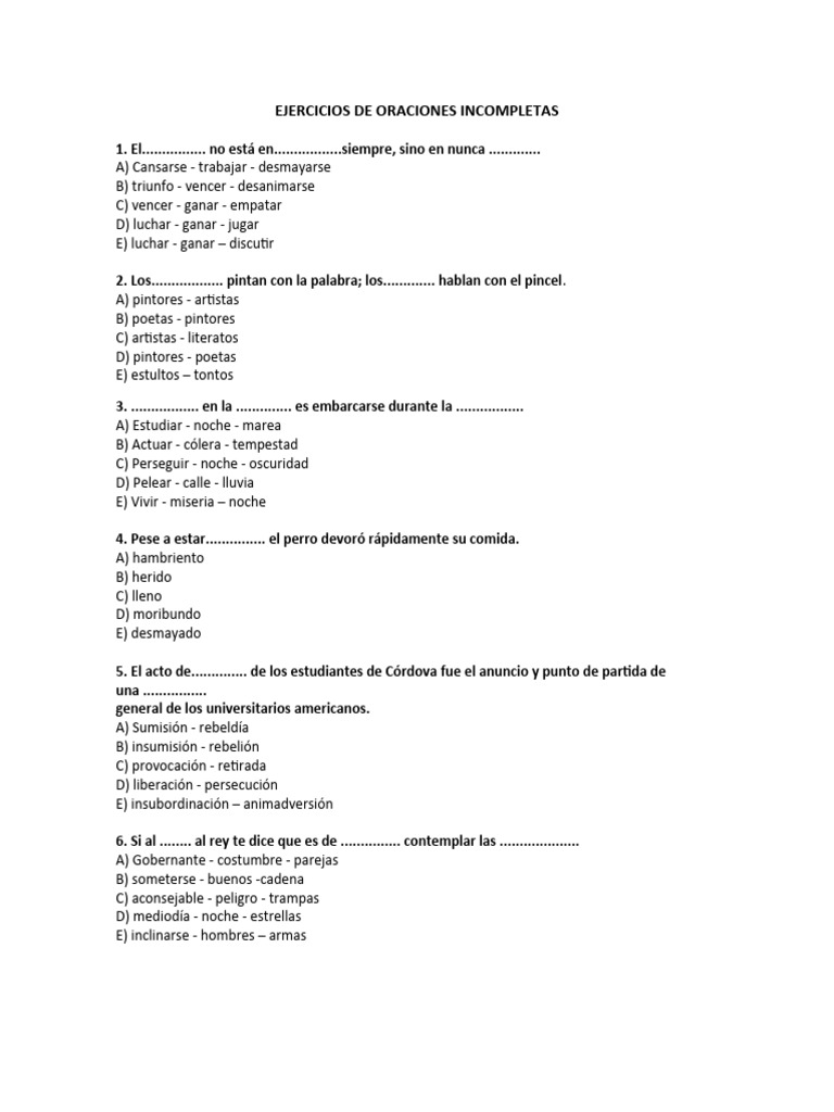 Ejercicios de Oraciones Incompletas | PDF | Hogar, jardinería y bricolaje