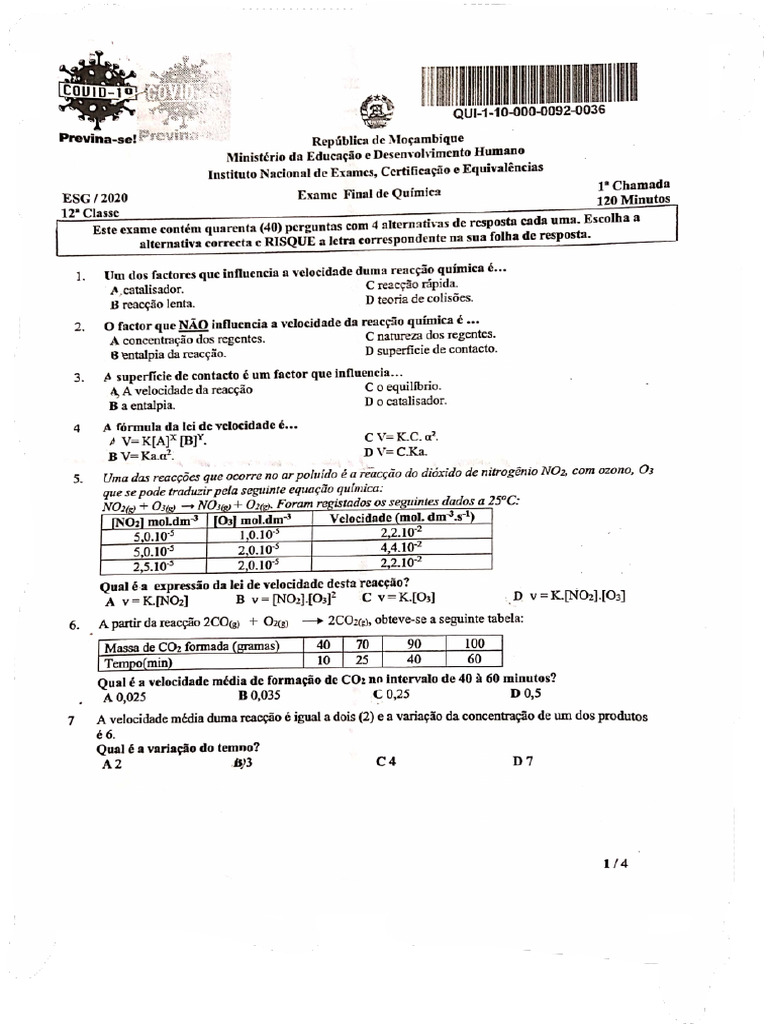 Quimica 12a Classe 2020-1a Epoca | PDF