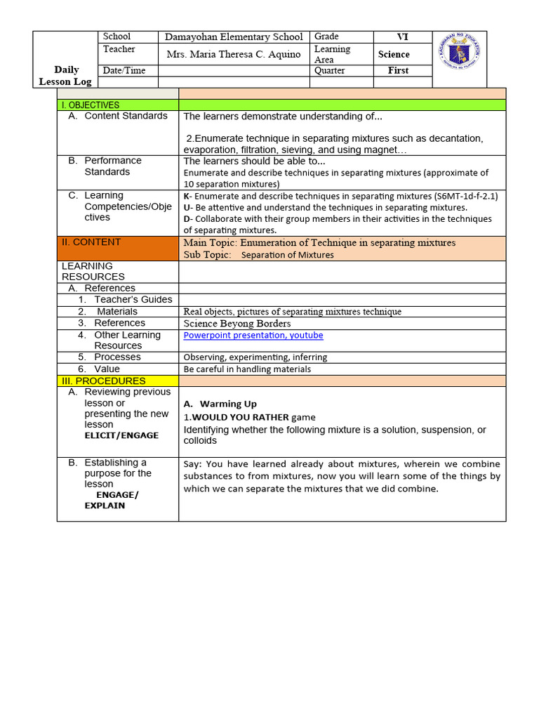 Cot 1 Quarter 1 Lesson Plan | PDF | Mixture | Teaspoon