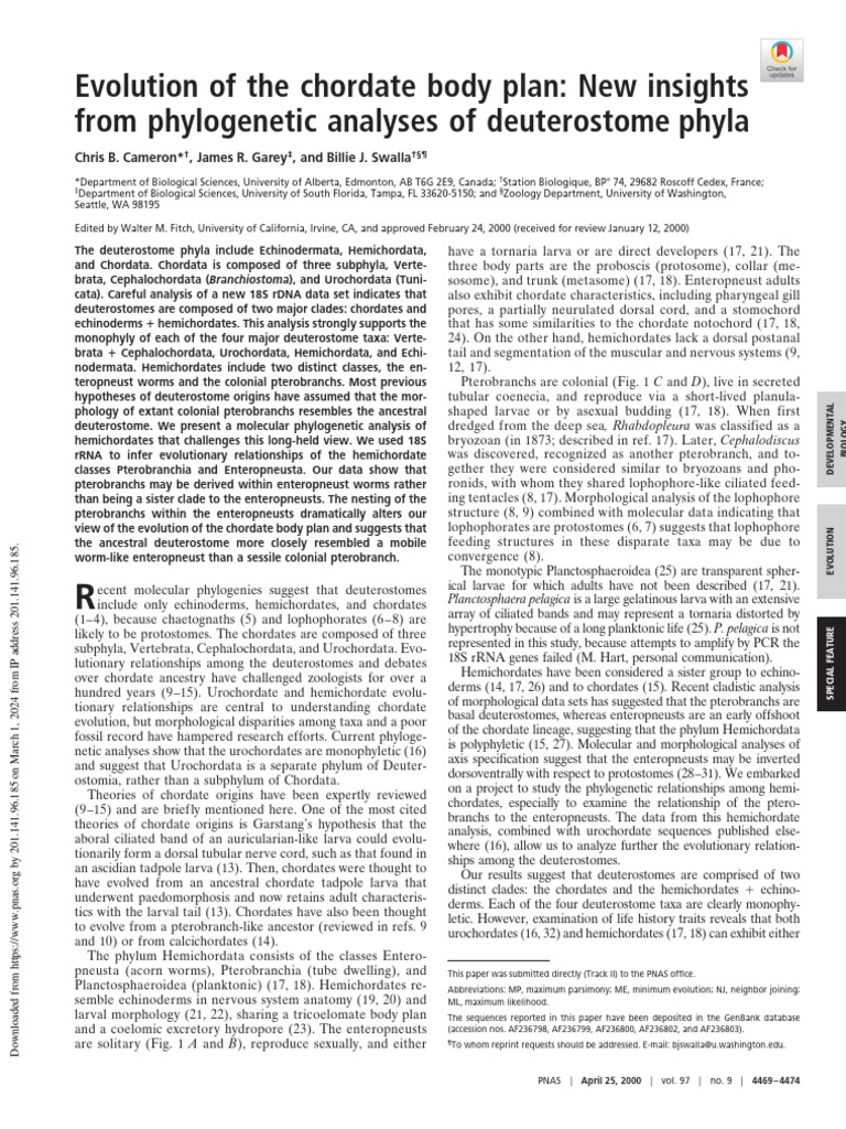 Cameron Et Al 2000 Evolution of The Chordate Body Plan New Insights ...