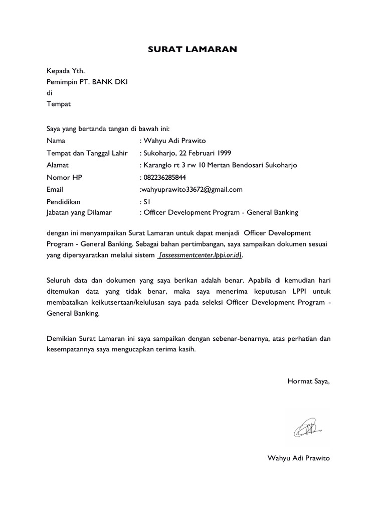Lamaran Bank Dki Wahyu Adi Prawito | PDF