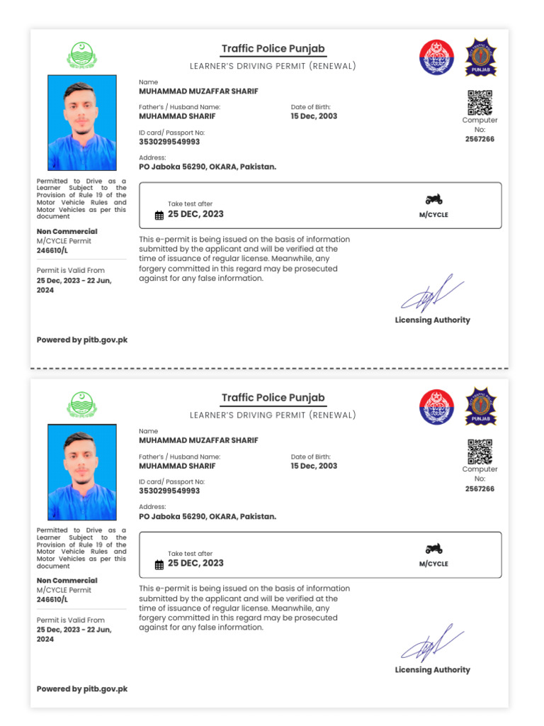 Learner License Muzaffar | PDF | Driver's License | Identity Document