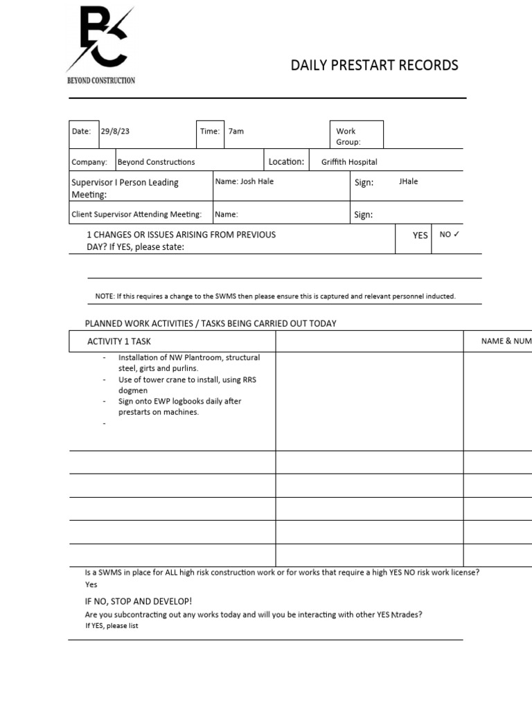 29-8-23 Griffith Daily Pre-Start | PDF | Occupational Safety And Health ...