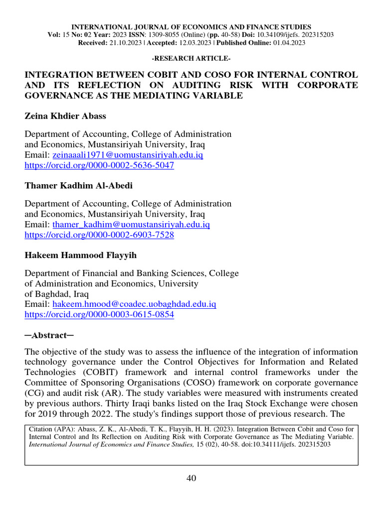 Integration Between Cobit and Coso For Internal Control and Its Reflection On Auditing Risk With ...