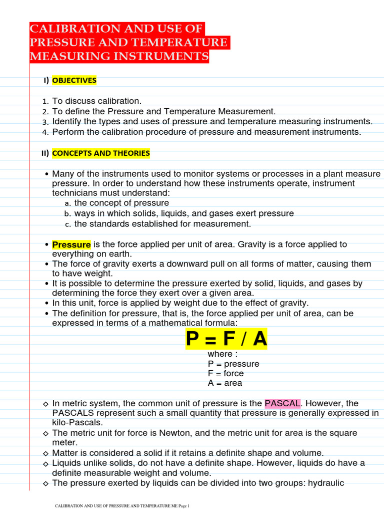 Calibration and Use of Pressure and Temperature Measuring Instruments ...