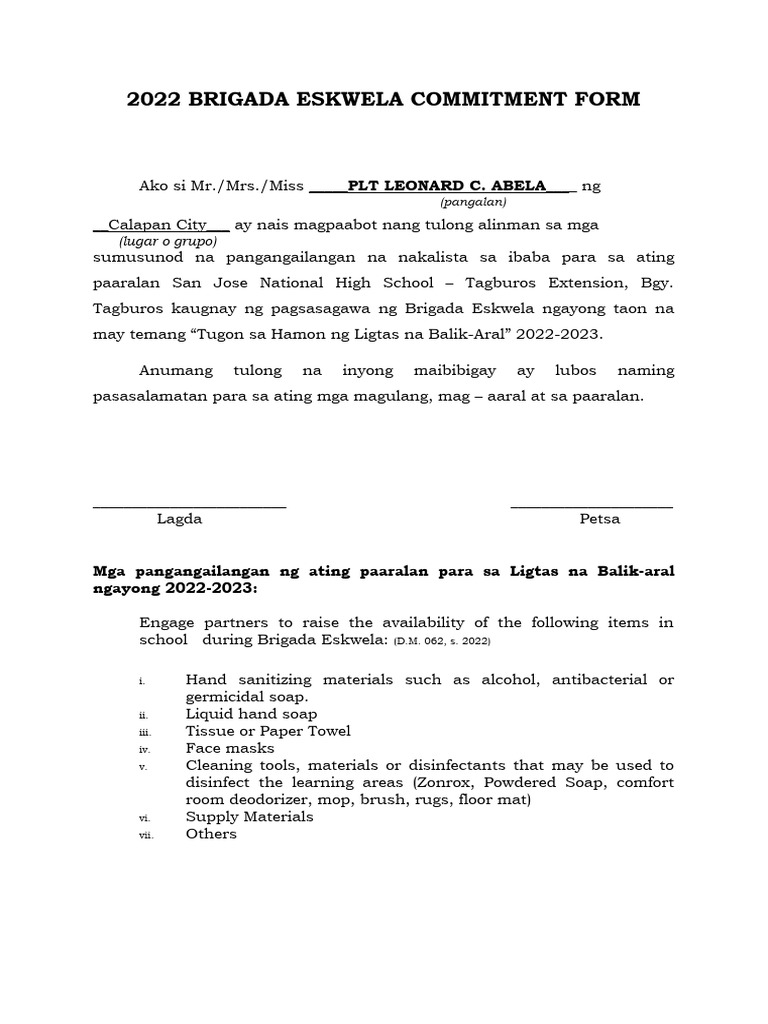 2022-BRIGADA-ESKWELA-COMMITMENT-FORM | PDF