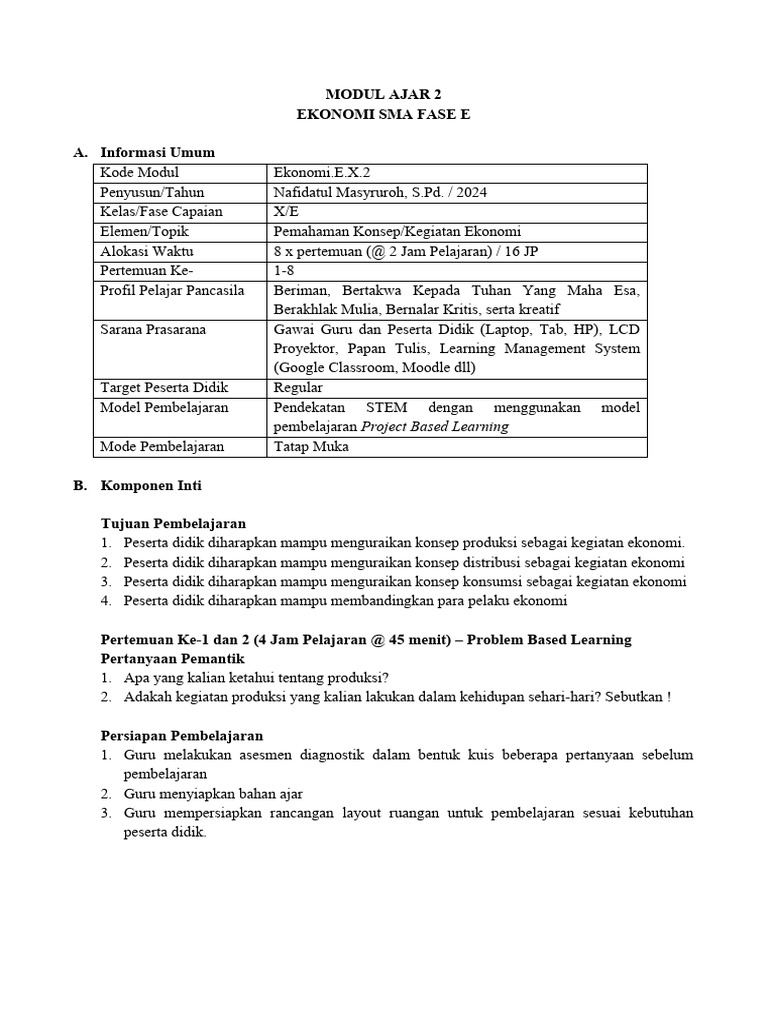 MODUL AJAR EKONOMI FASE E - KEGIATAN EKONOMI | PDF