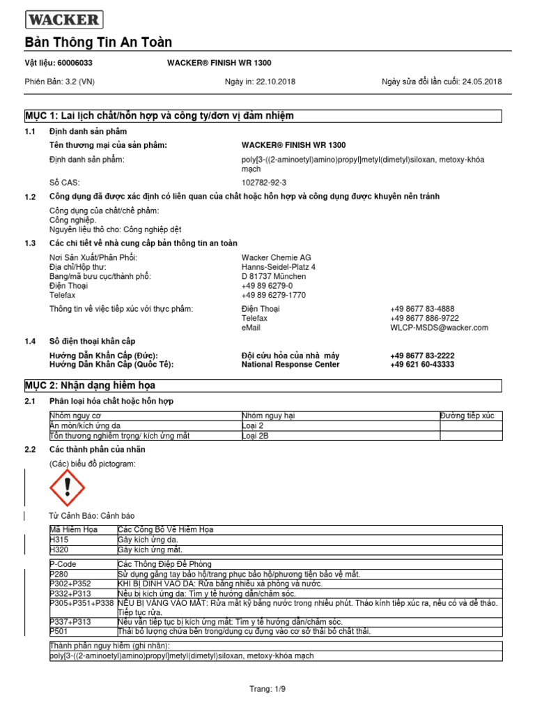 MSDS Wacker Finish WR 1300 - VN | PDF