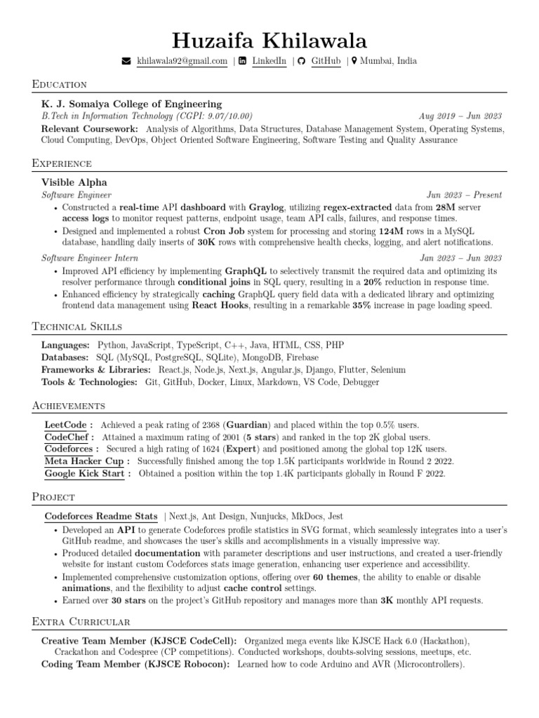 Huzaifaq Khilawala Resume | PDF | Databases | My Sql