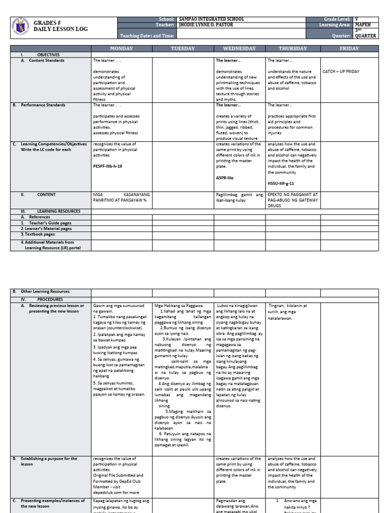 DLL - Mapeh 5 - Q3 - W8 | Download Free PDF | Learning